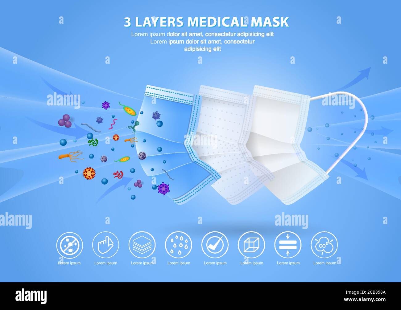 set of three layer in various color or N95 surgical mask or fluid ...