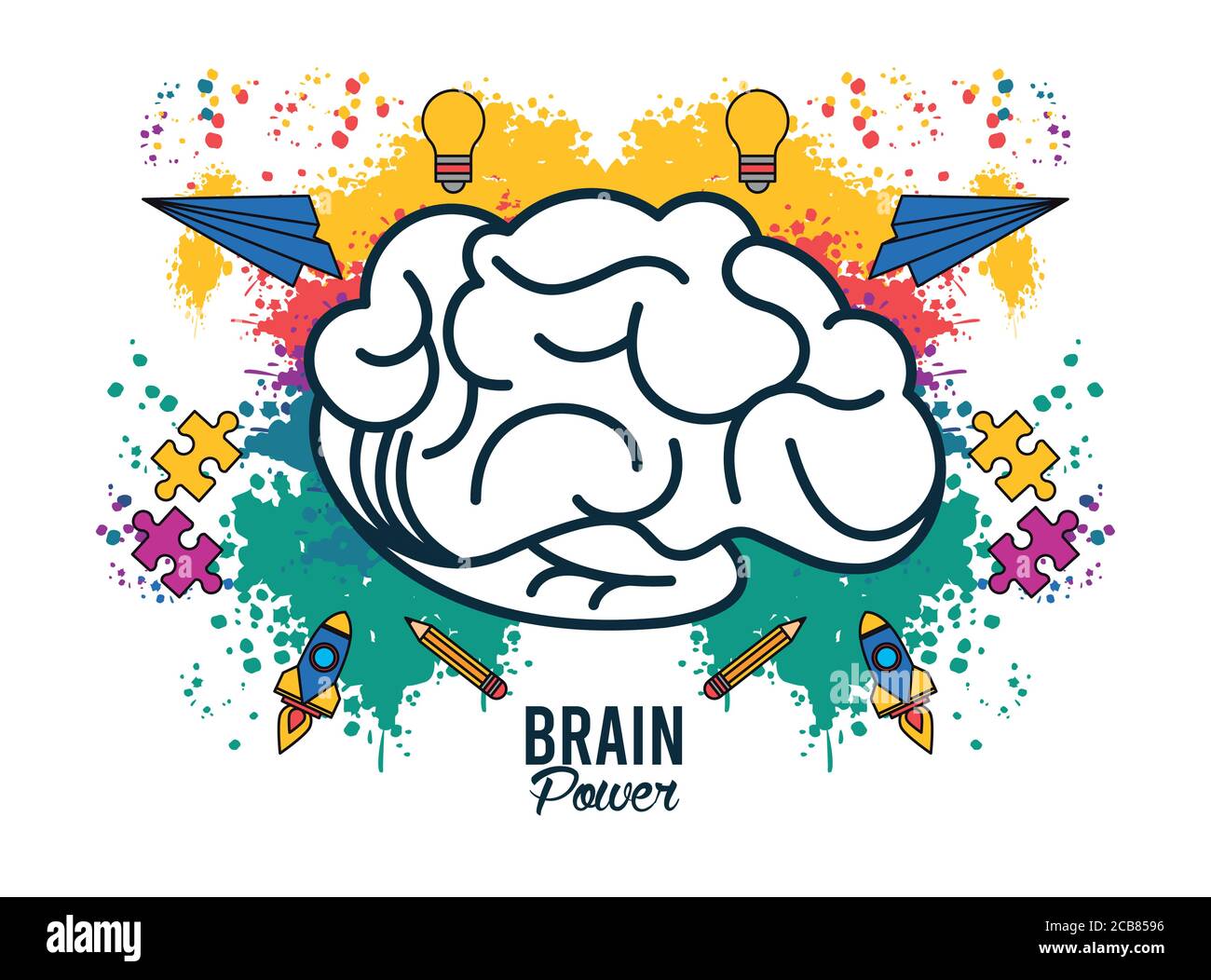 brain power with colors splash and set icons vector illustration design ...