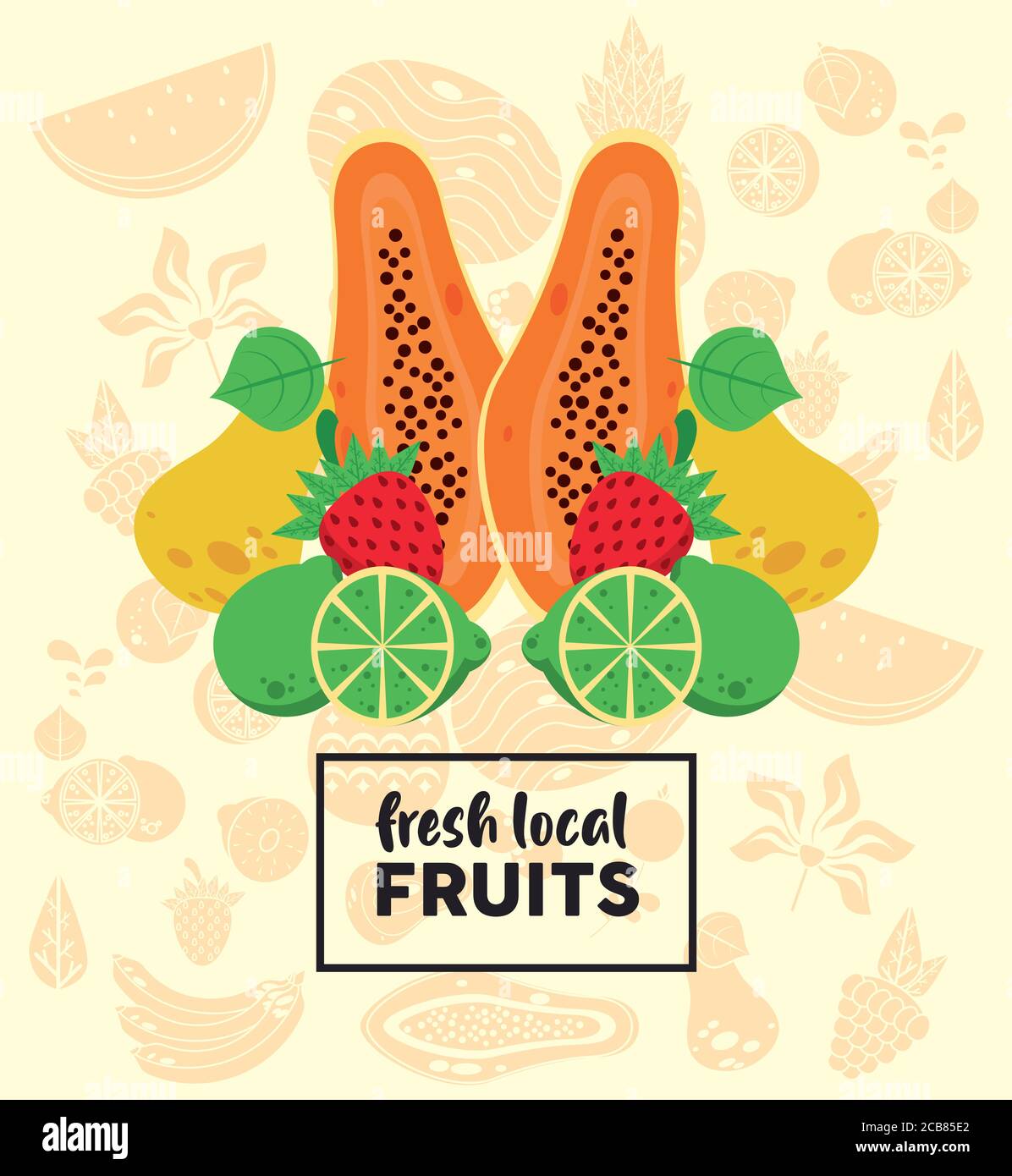 fresh local fruits lettering with papaya and fruits vector illustration ...