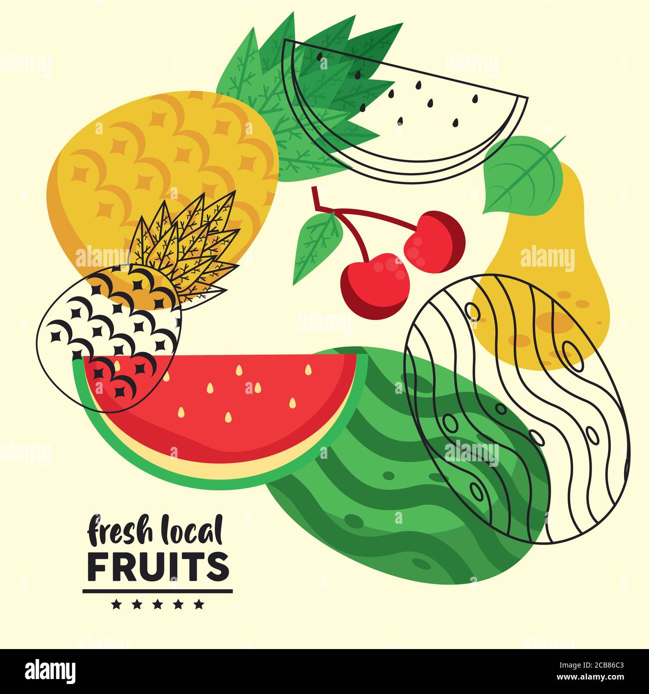 fresh local fruits lettering and set fruits group vector illustration ...
