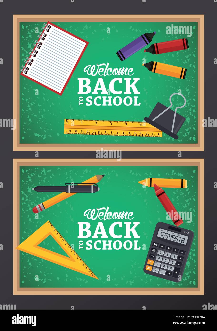 back to school poster with chalkboards and items vector illustration ...