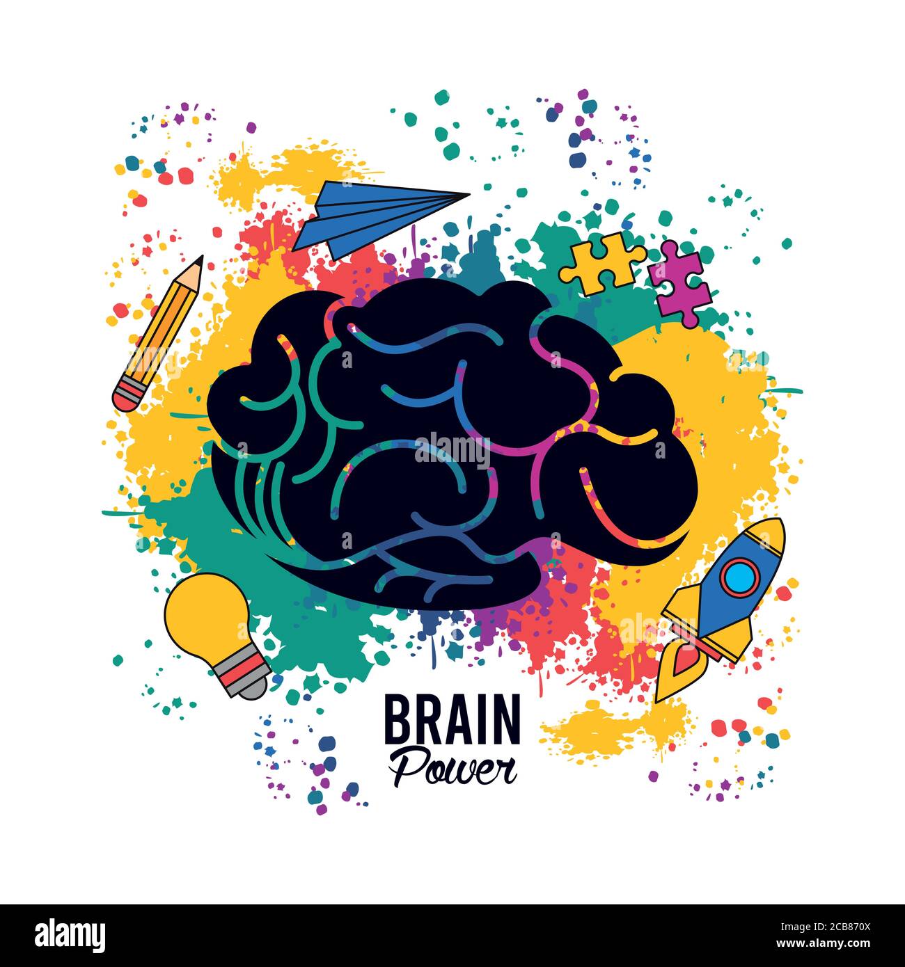 brain power template with colors splash and set icons vector ...