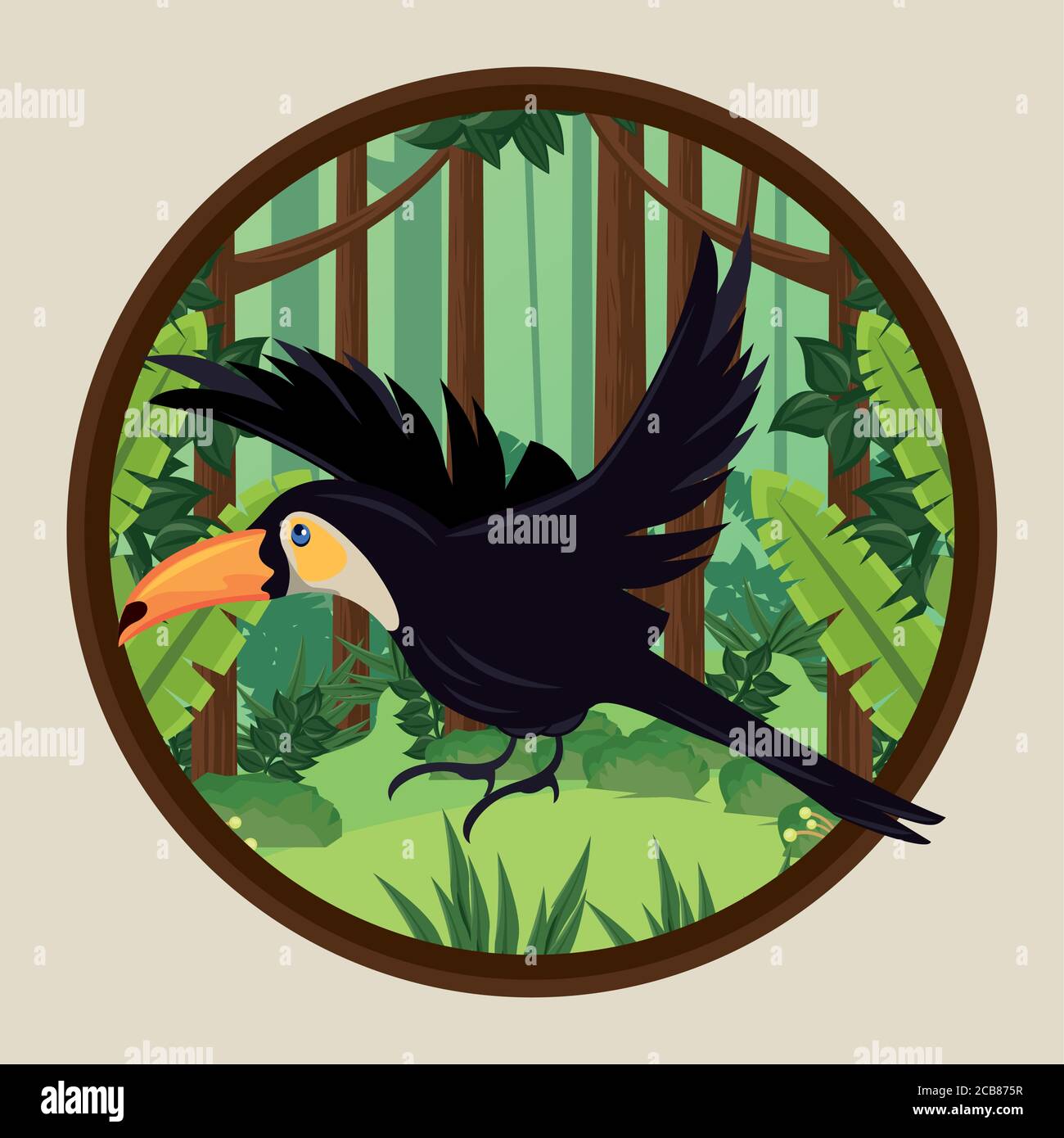 wild toucan bird flying in the jungle circular frame vector ...