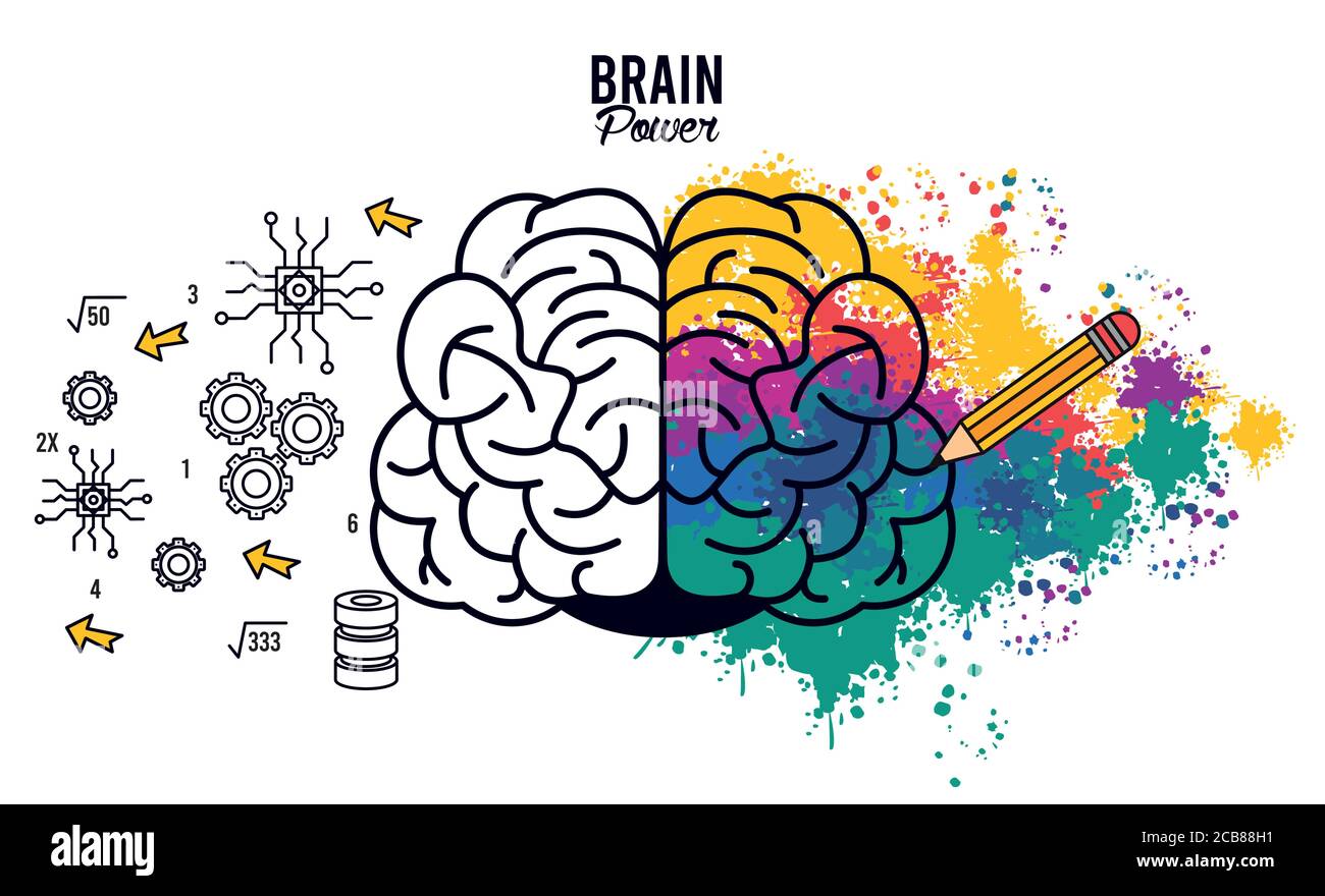 brain power poster with colors splash and set items vector illustration ...