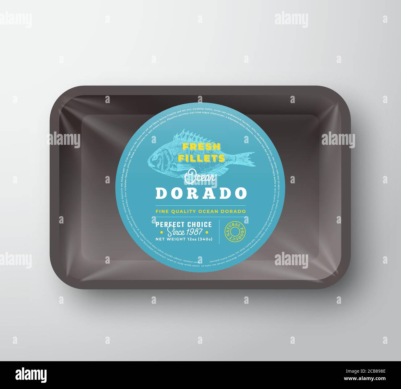 Ocean Dorado Fillets. Abstract Vector Fish Plastic Tray with Cellophane ...