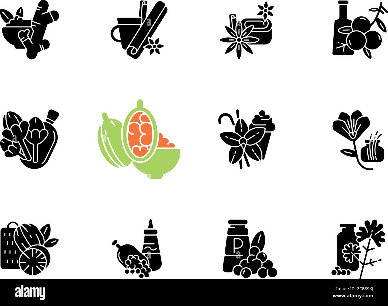 Classic spices black glyph icons set on white space. Food seasoning ...