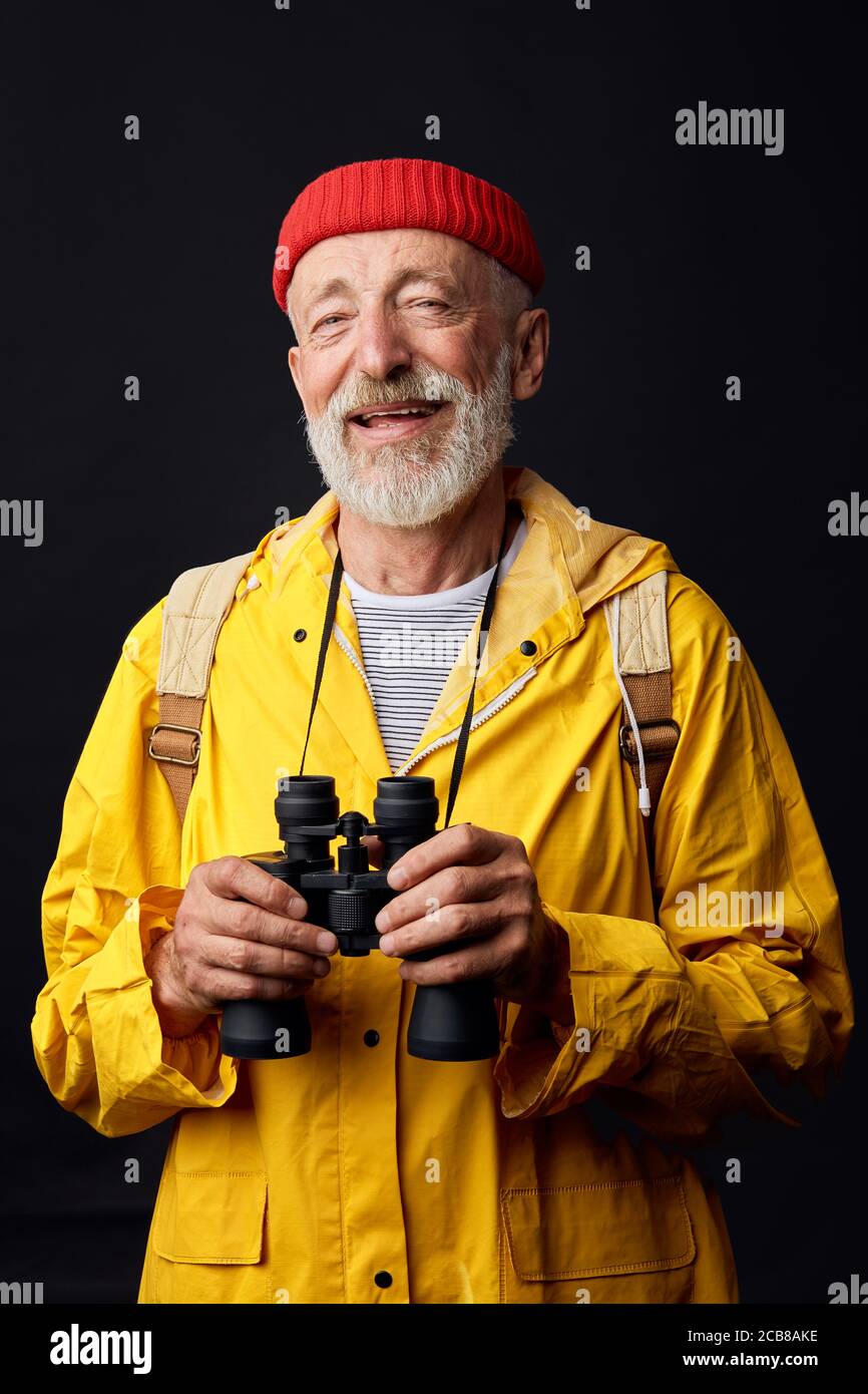 happy hiker man tourist looking at the camera. Hiking. Isolated over ...