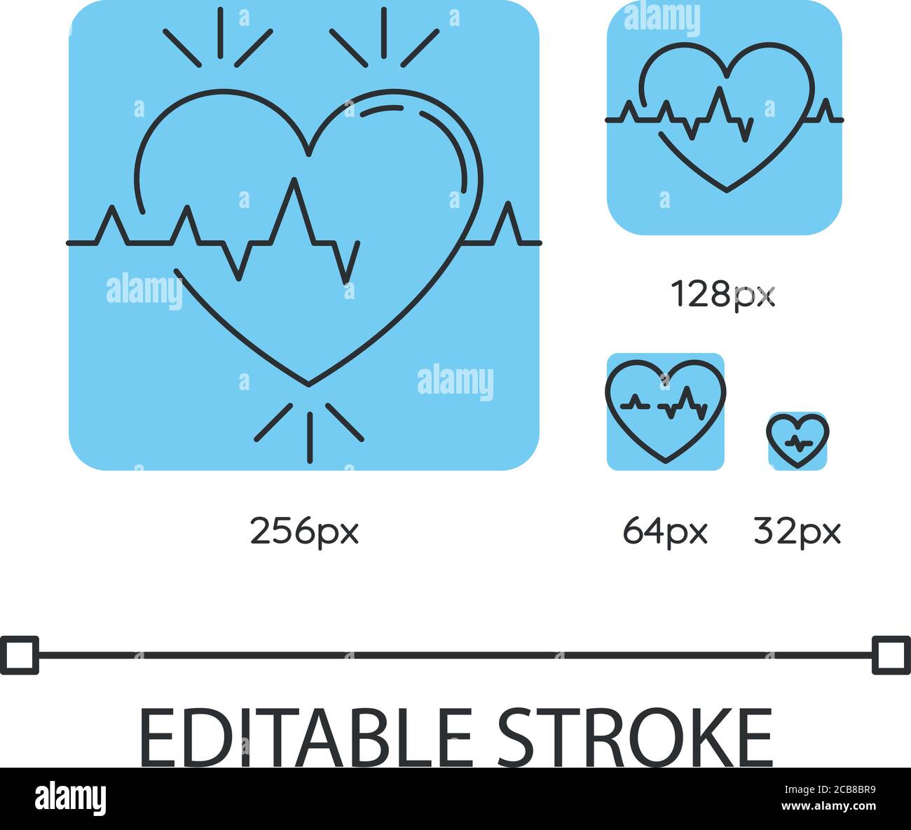 Heart blue linear icons set. Pulse rate. Heartbeat rhythm. Vital signs ...