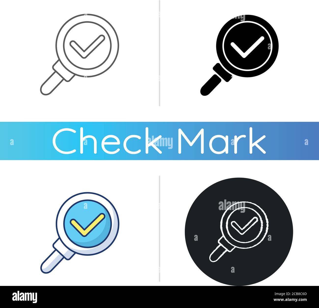 Discovery icon. Magnifying glass with checkmark. Research completed ...