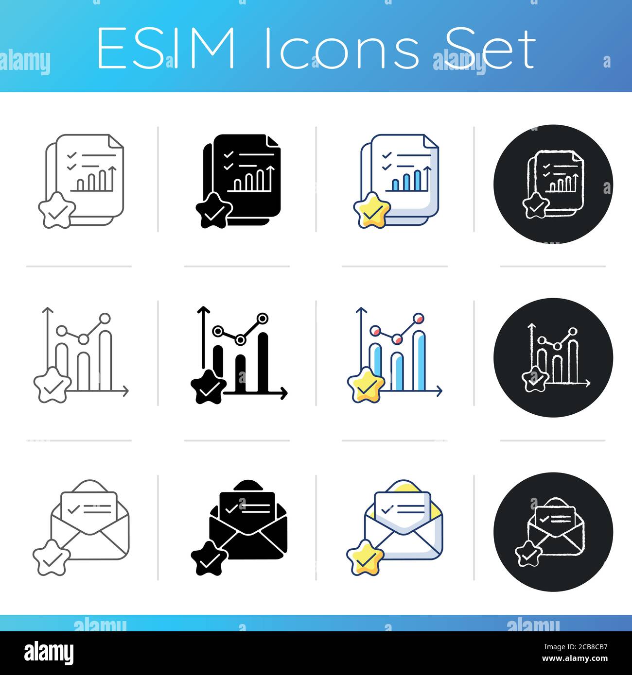 Data research completed icons set. Positive review. Report on growing ...
