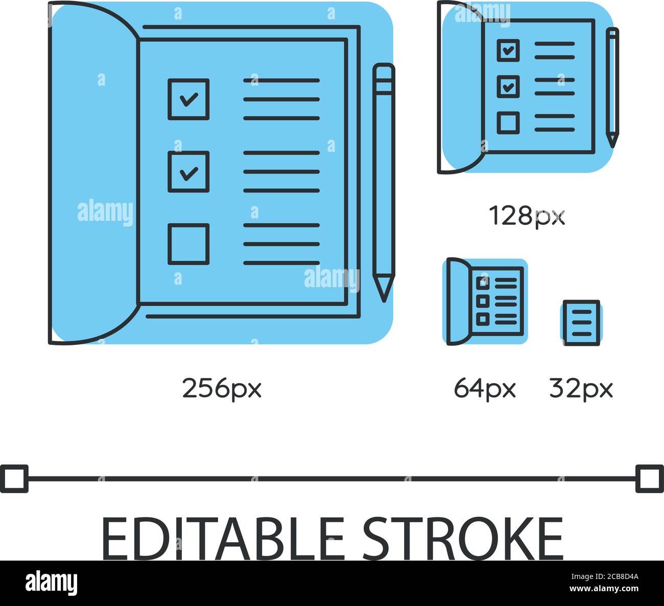 Open notebook blue linear icons set. List with ticked checkboxes. Mark boxes for poll. Thin line ...