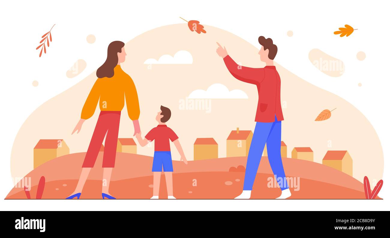 Family people enjoying city autumn vector illustration. Cartoon flat ...