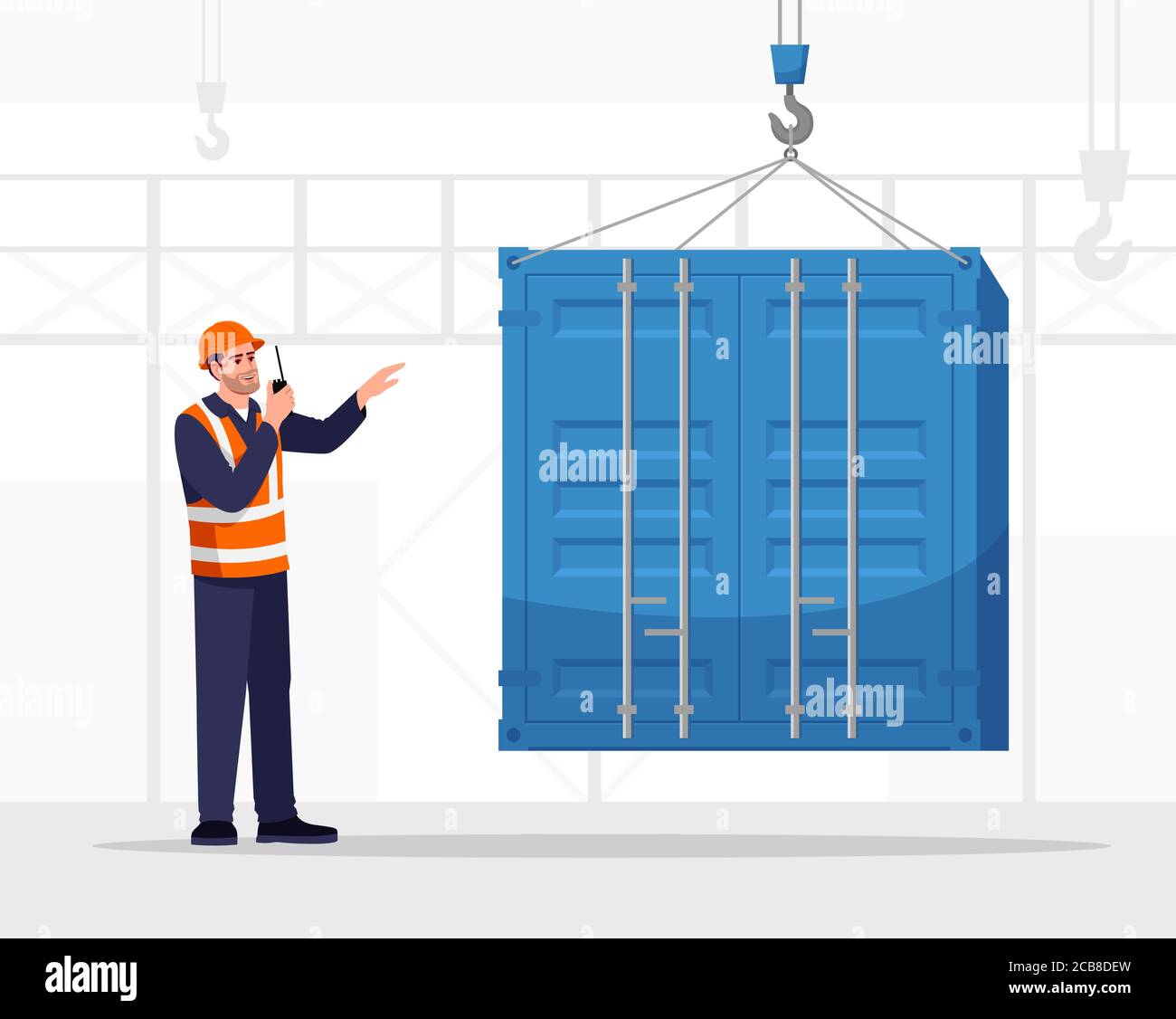 Dock worker semi flat vector illustration. Loading freight container ...