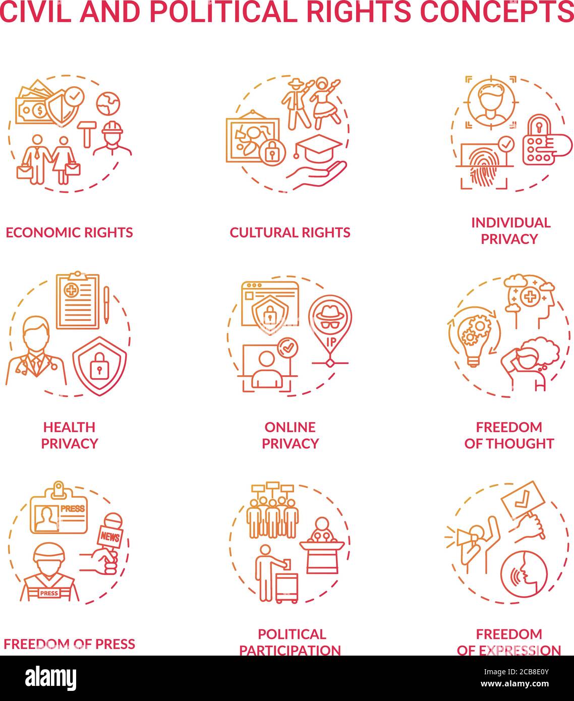 Civil and political rights concept icons set. Fundamental human rights ...