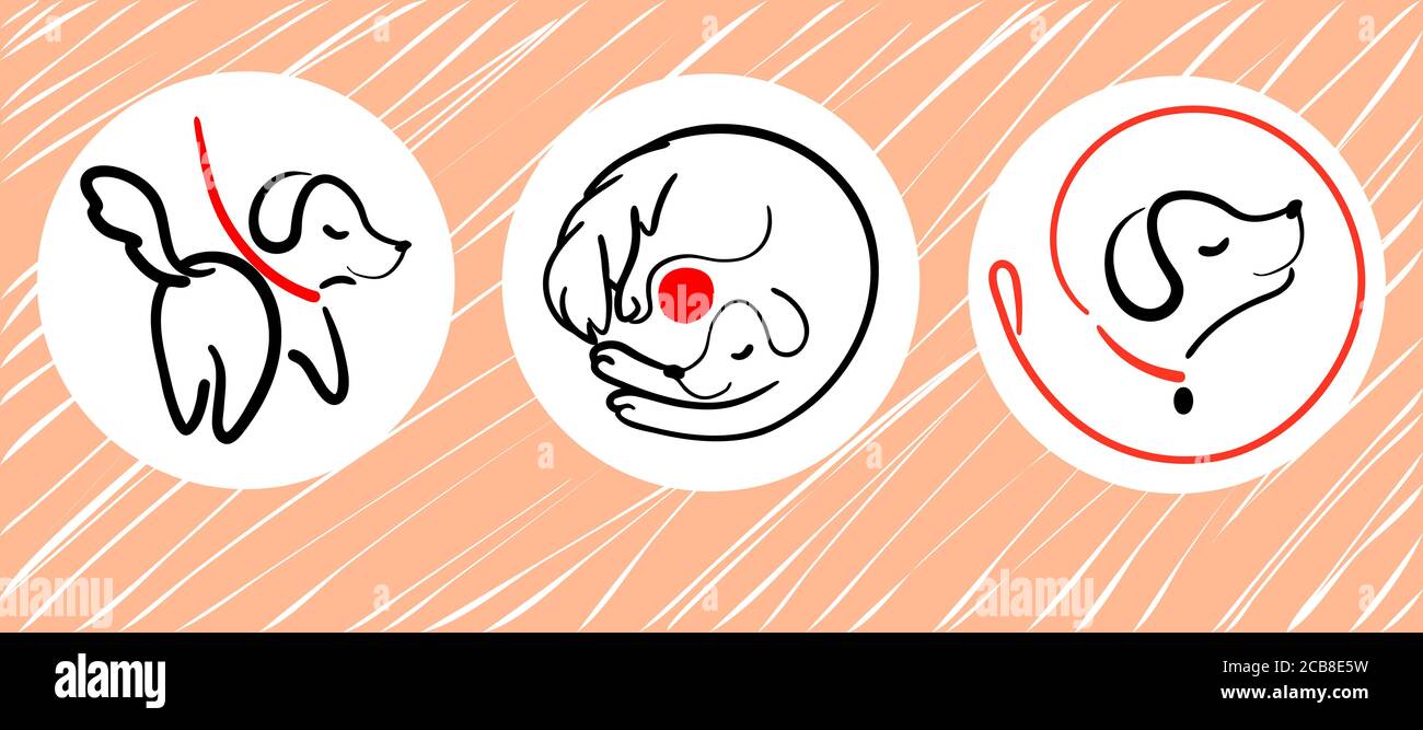 Dog walking service logo set in line style on round from leash. Happy ...