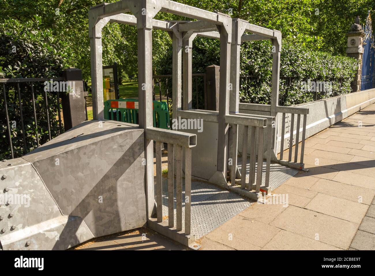 London, England - July 2018: Metal security gate installed at the ...