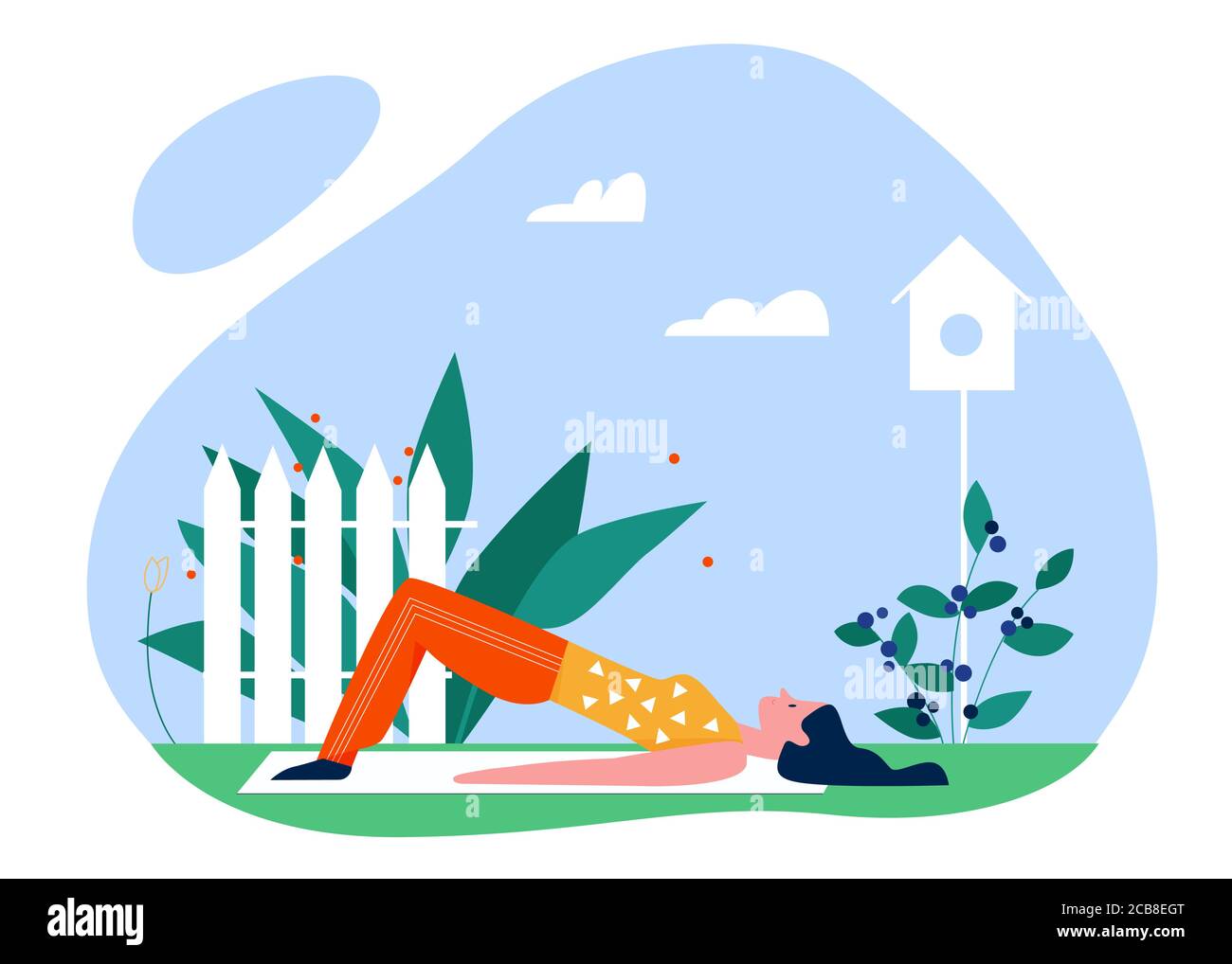 Yoga sport summer outdoor activity flat vector illustration. Cartoon ...