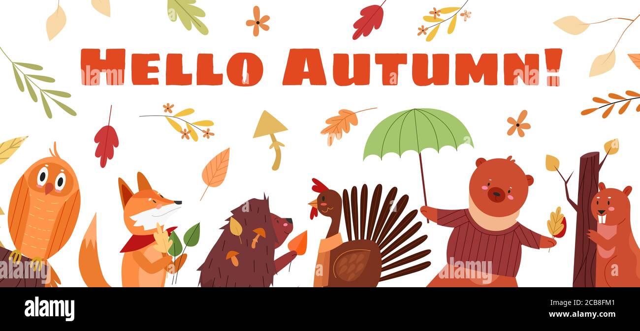 Hello autumn lettering text concept vector illustration. Cartoon flat ...