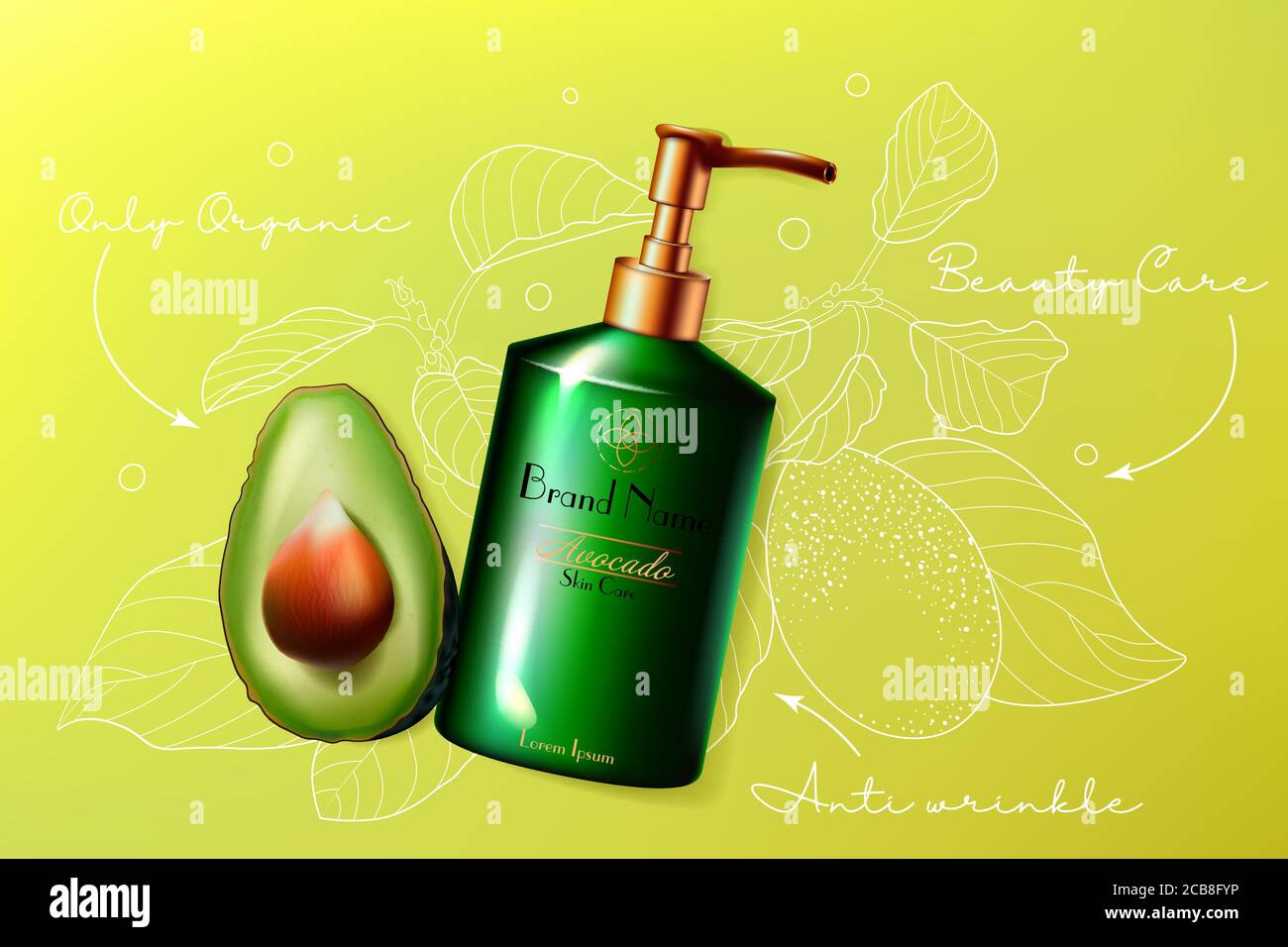 Avocado cosmetics skincare vector illustration. Face or body skin ...