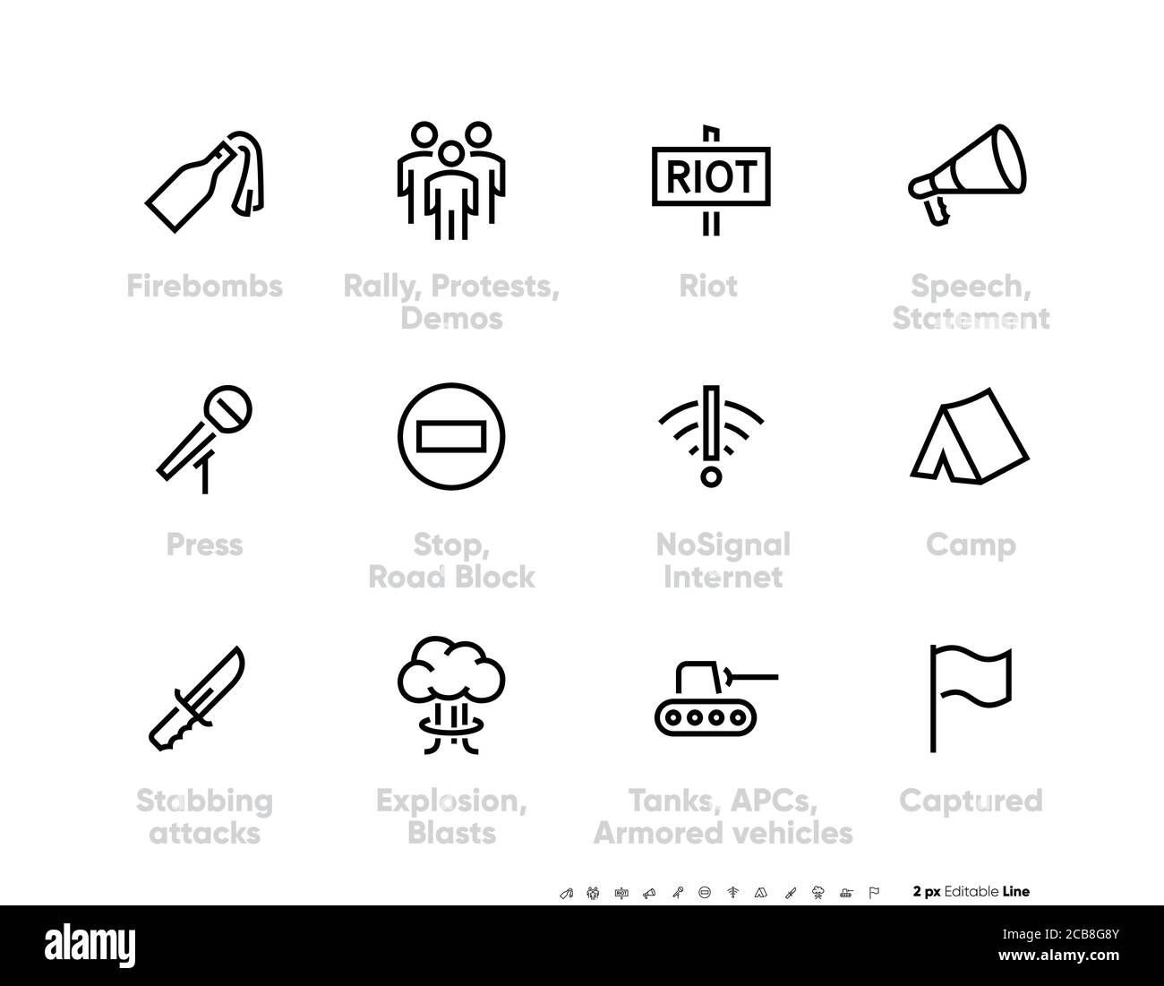 The big set thin linear icons necessary tools for riot, war, protest ...