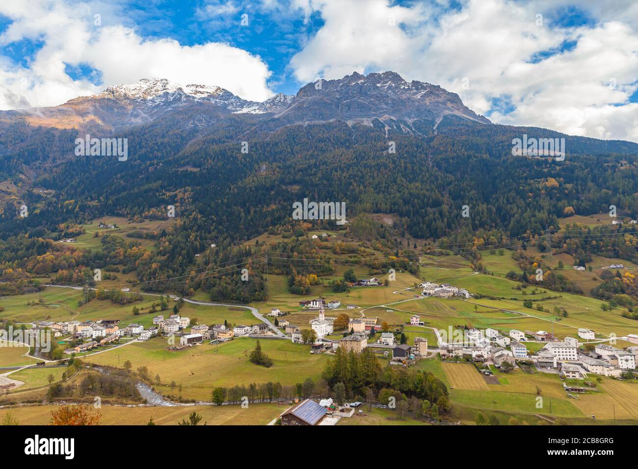 Stunning aerial panorama view of Poschiavo town in valley with Swiss ...