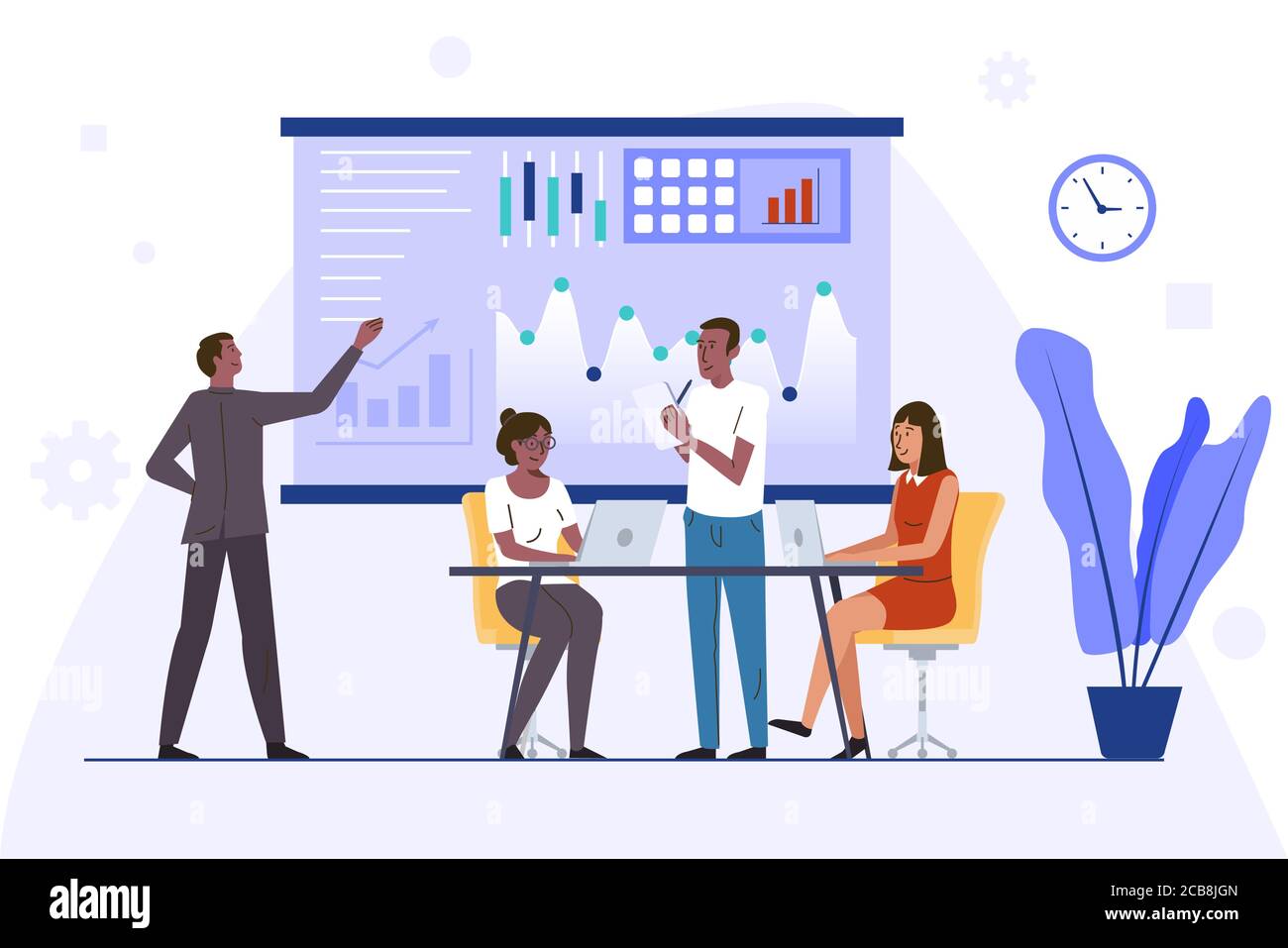 Group of diverse colleagues using laptops and making notes while ...