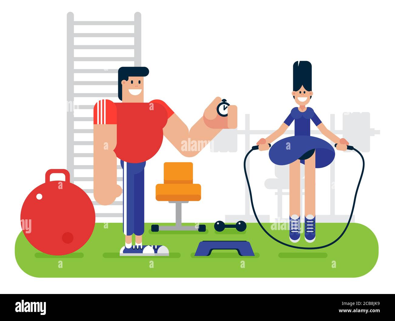 Cheerful woman jumping with rope near fitness instructor with timer ...