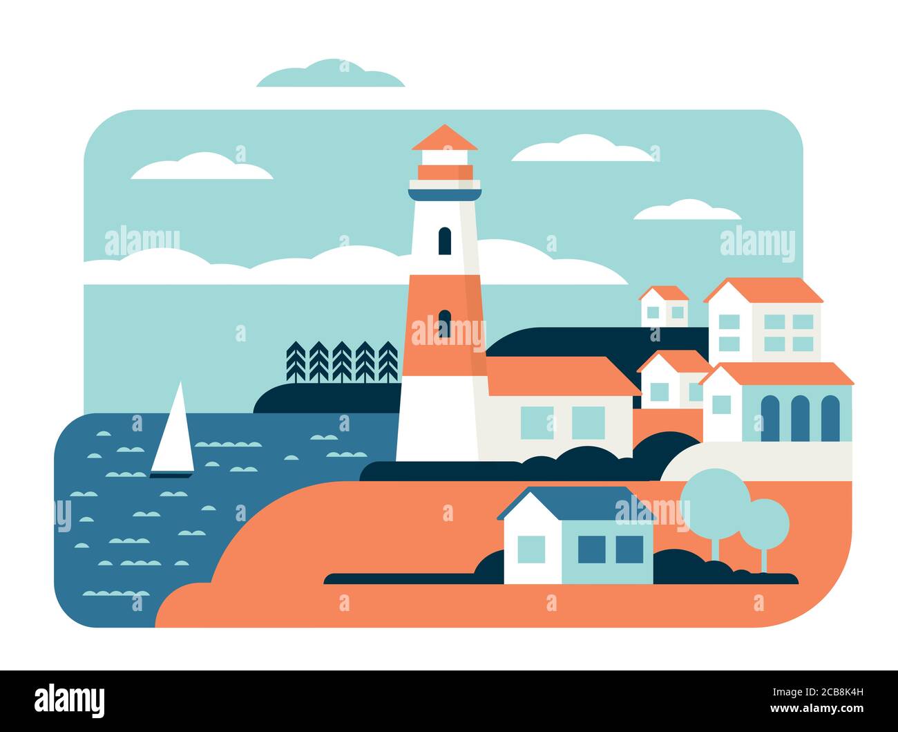 Lighthouse flat vector illustration. Coast tower. Navigational aid for sailors. Marine building ...