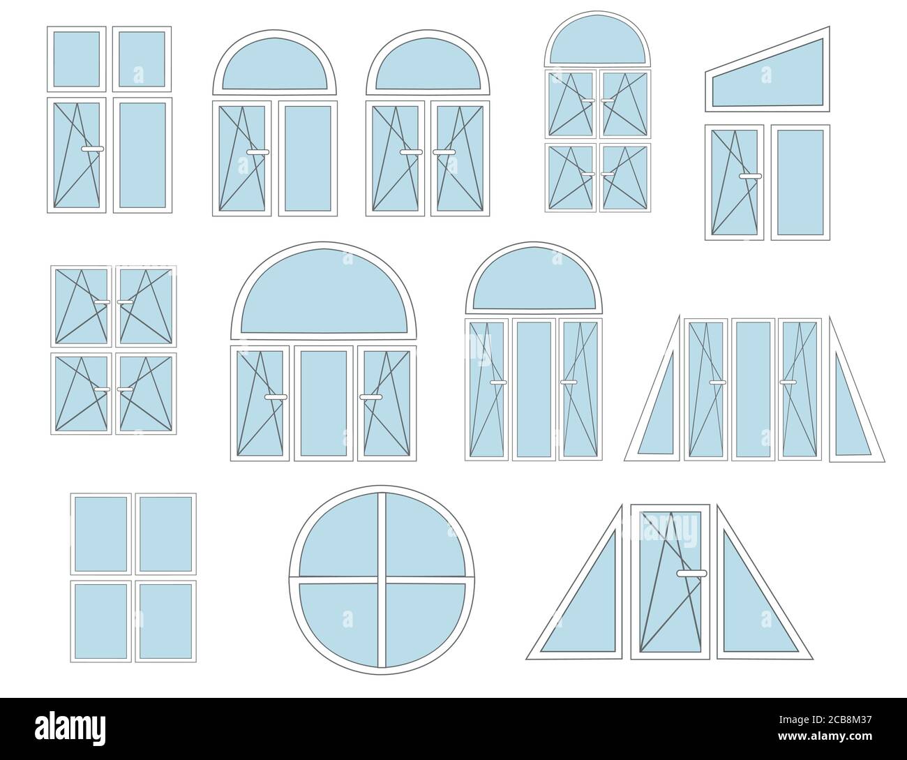 Set of flat metal-plastic windows white color and open close scheme ...