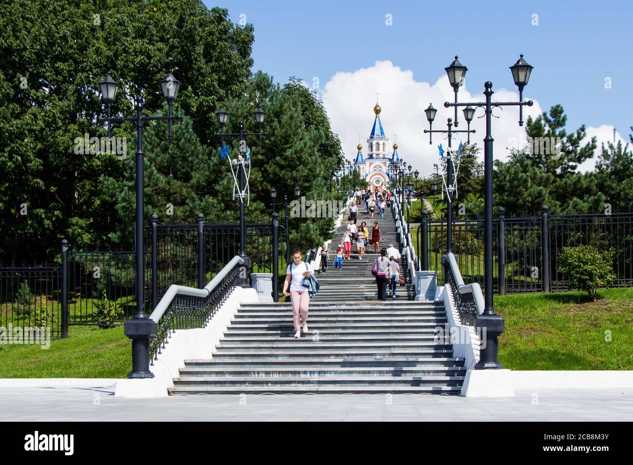 Khabarovsk, Russia - August 20, 2019. The road to the temple. Staircase ...