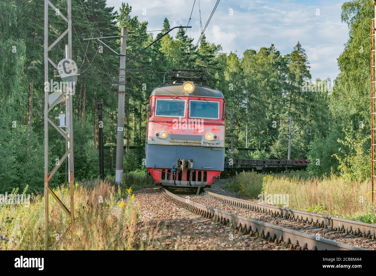 Freight train moves by the forest at summer day time Stock Photo - Alamy