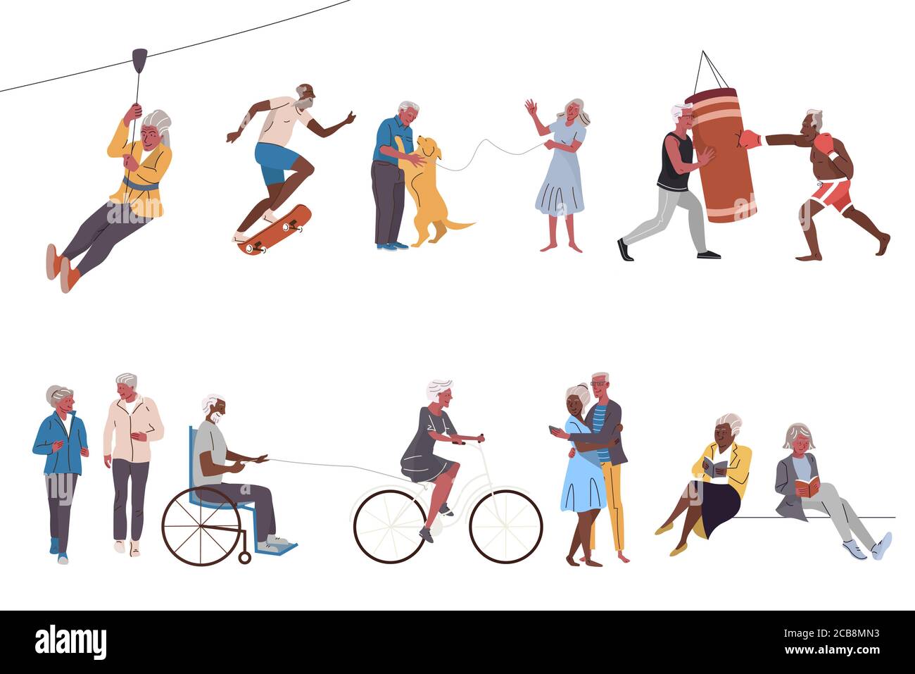 Set of vector illustrations of diverse senior people doing various ...