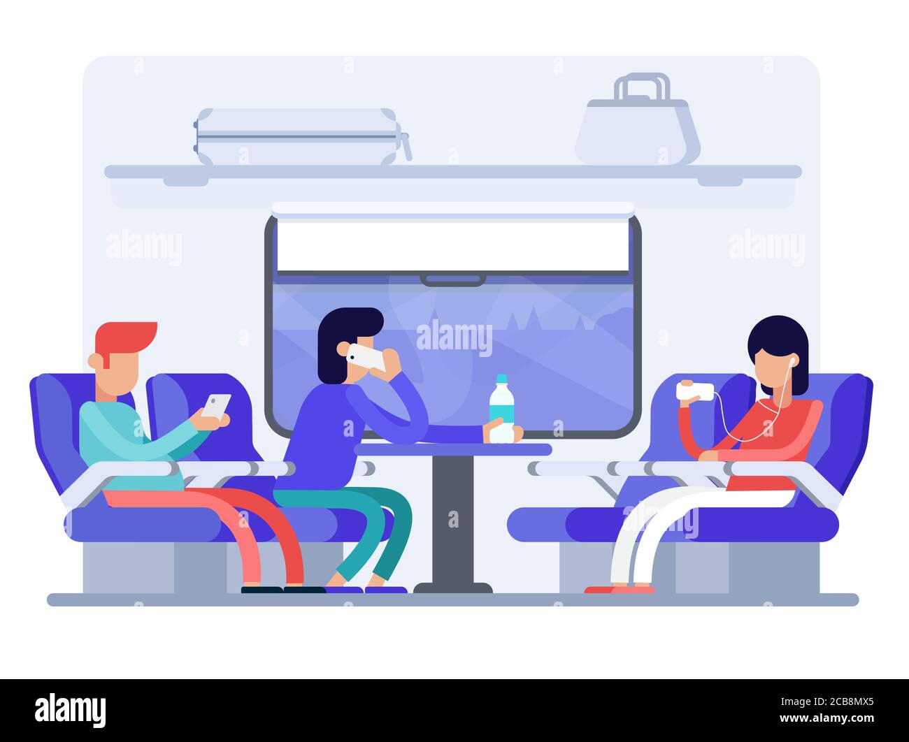 Traveling by train flat vector illustration. Travelers cartoon ...