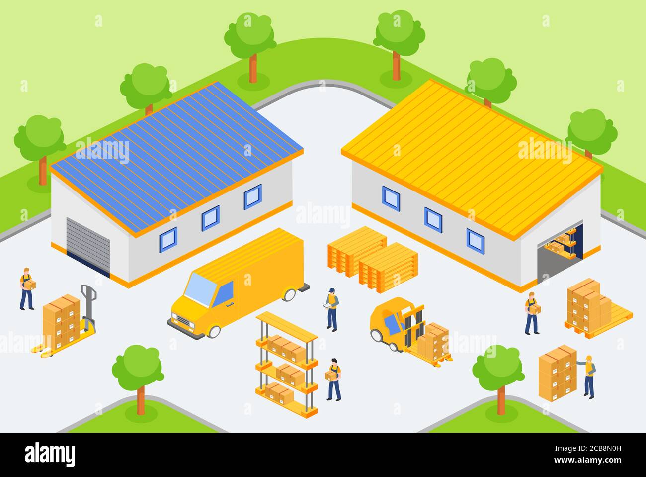 Isometric workers loading and unloading vehicles in yard of warehouse company Stock Vector Image ...