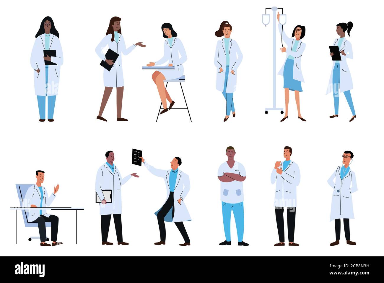 Set of doctors characters health workers performing job tasks in ...