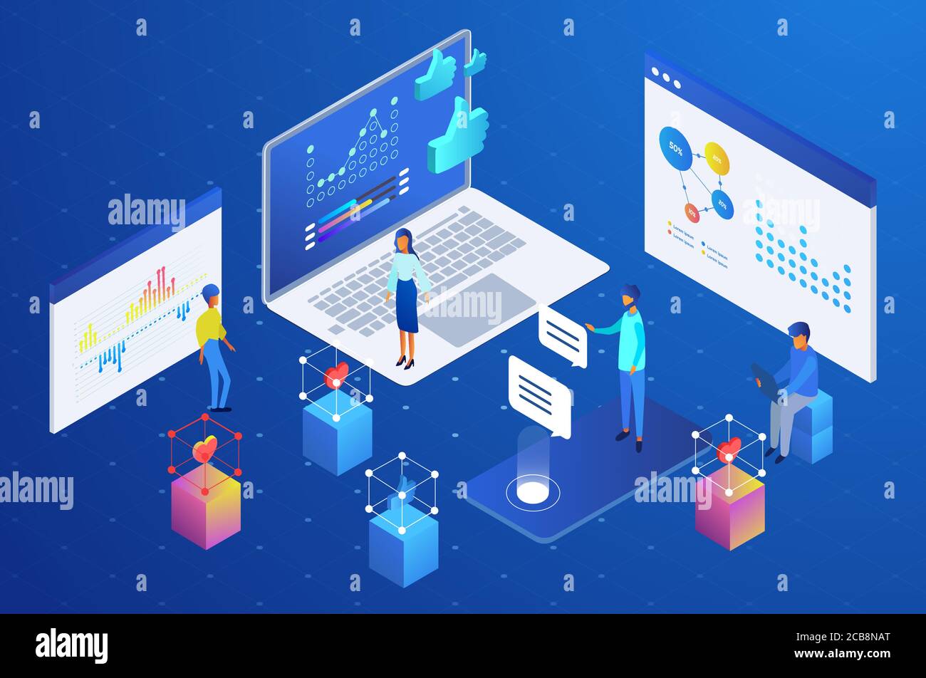 Isometric people analyzing and using data from social media and ...