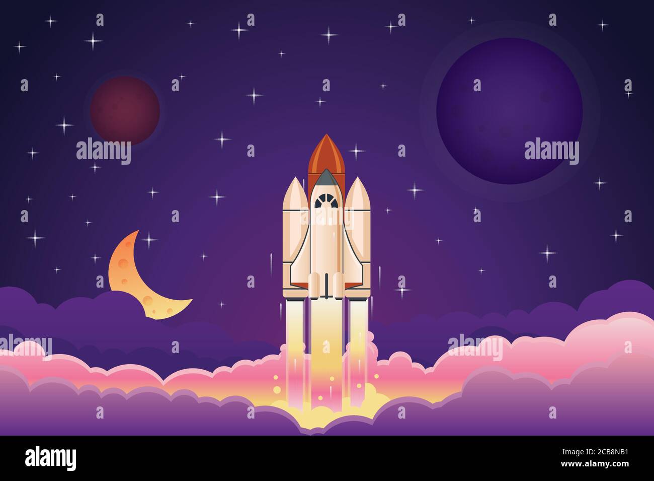 Modern space rocket flying up over clouds against night sky with ...