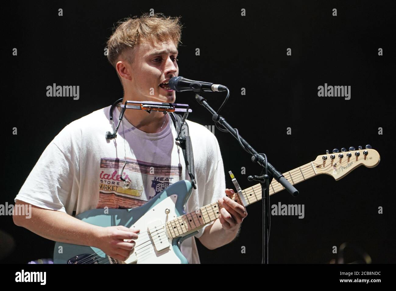 Sam Fender on stage at the Virgin Money Unity Arena, a pop-up venue in ...