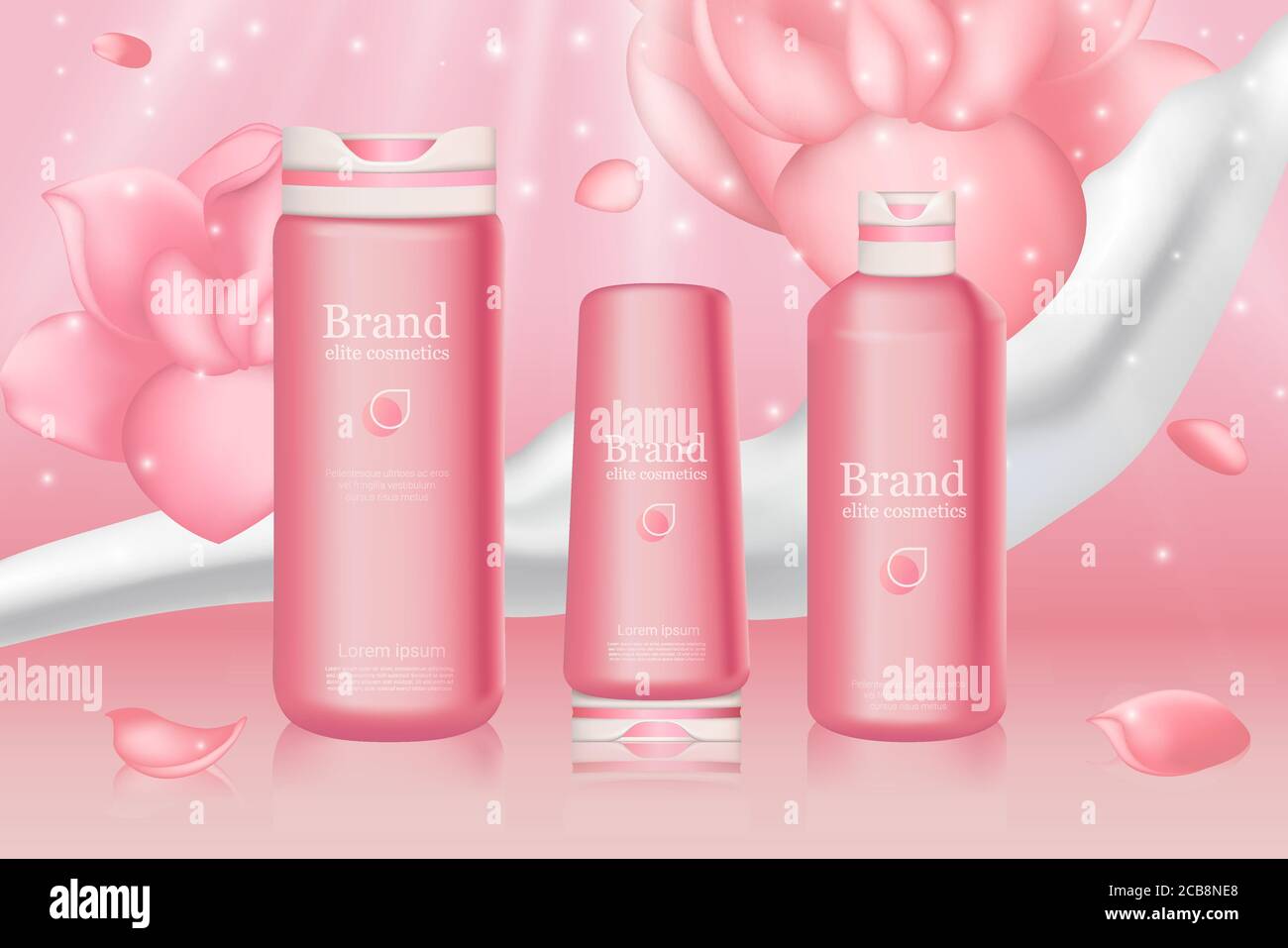 Pink haircare bottles with brand logo mockup. Shampoo and conditioner ...