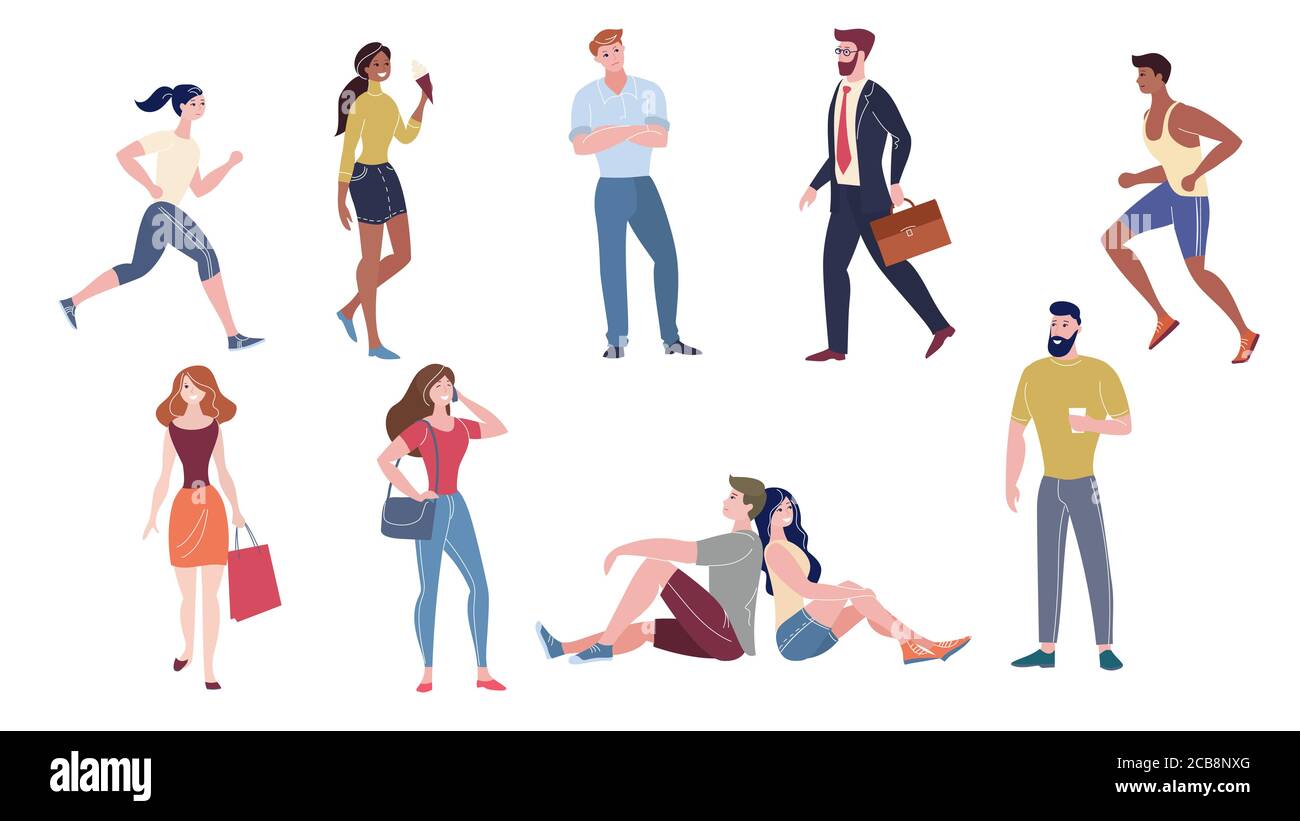Young Men And Women Flat Vector Illustrations Set Male And Female