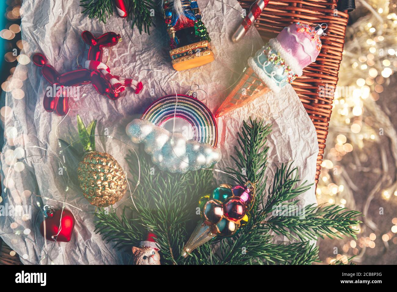 Box of Unusual Modern Christmas Baubles Stock Photo - Alamy