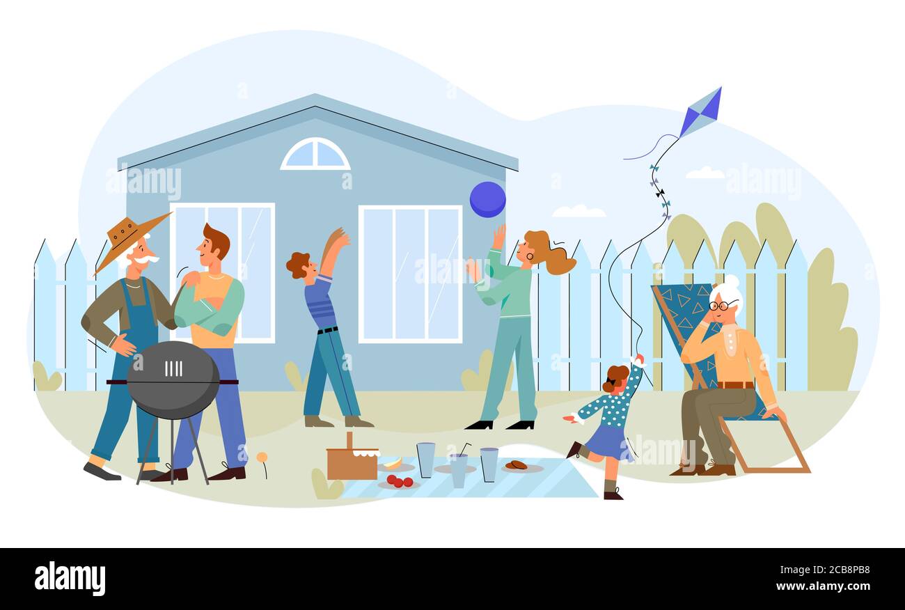 Family picnic, outdoor leisure vector illustration. Children, parents ...