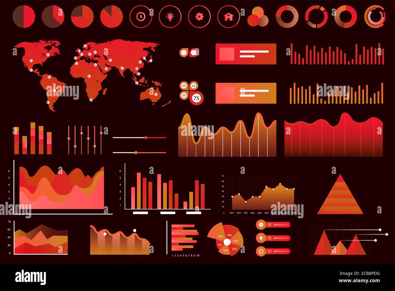 Data screen of assorted vector graphs, charts, diagrams. Red neon color ...