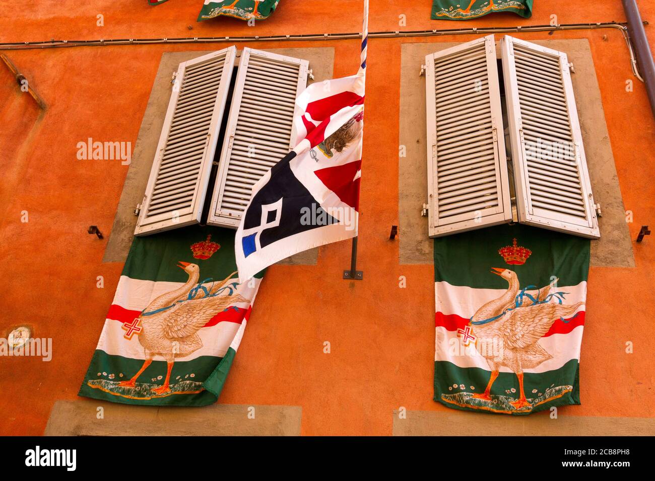 Flags of the Contrade of the goose hanging from a windows, Siena ...