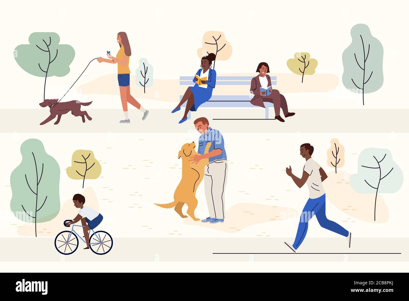 Outdoor activities flat vector illustrations set. Happy men, women and ...