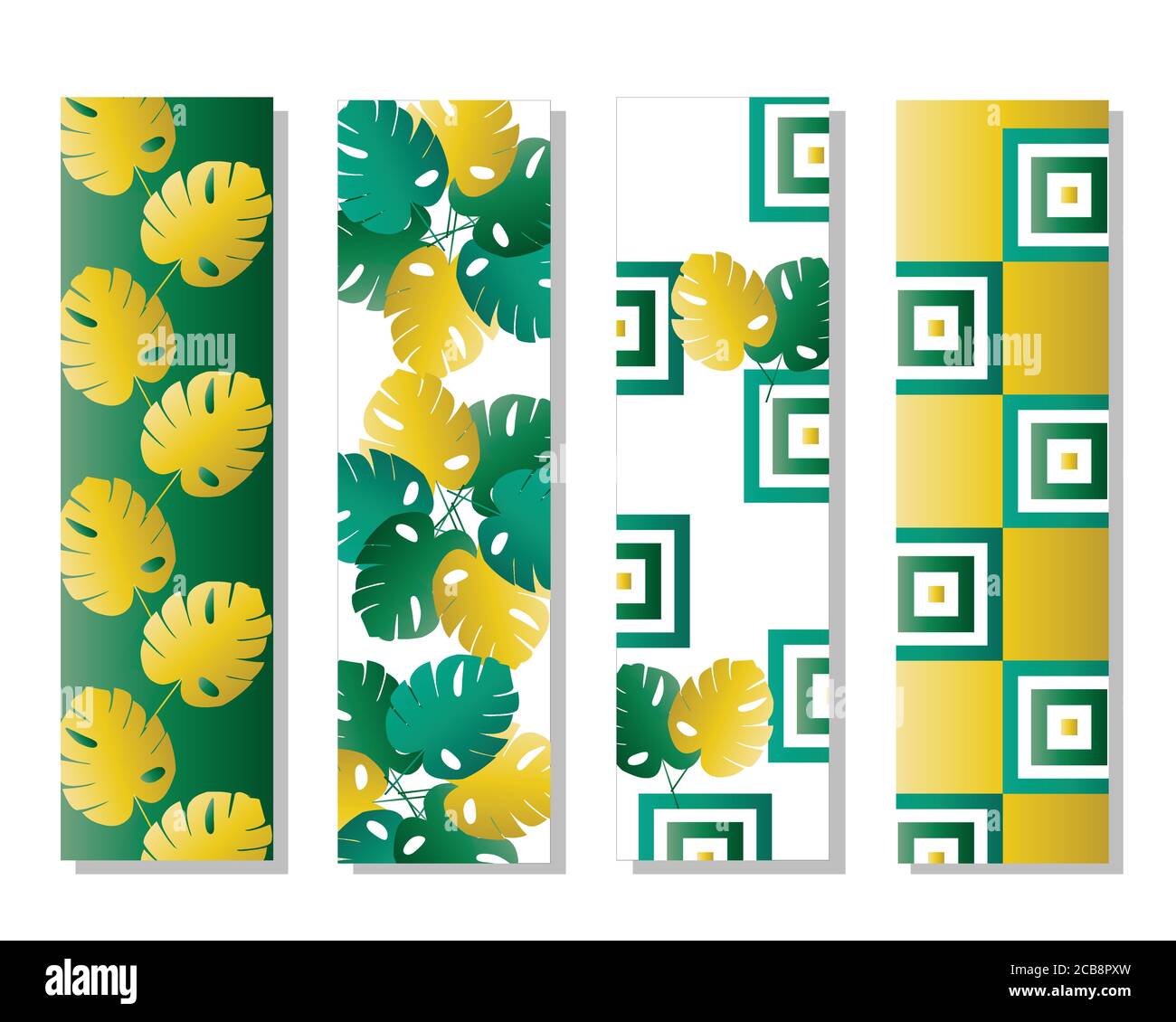 four bookmarks vector set with tropical leaves in green and yellow ...