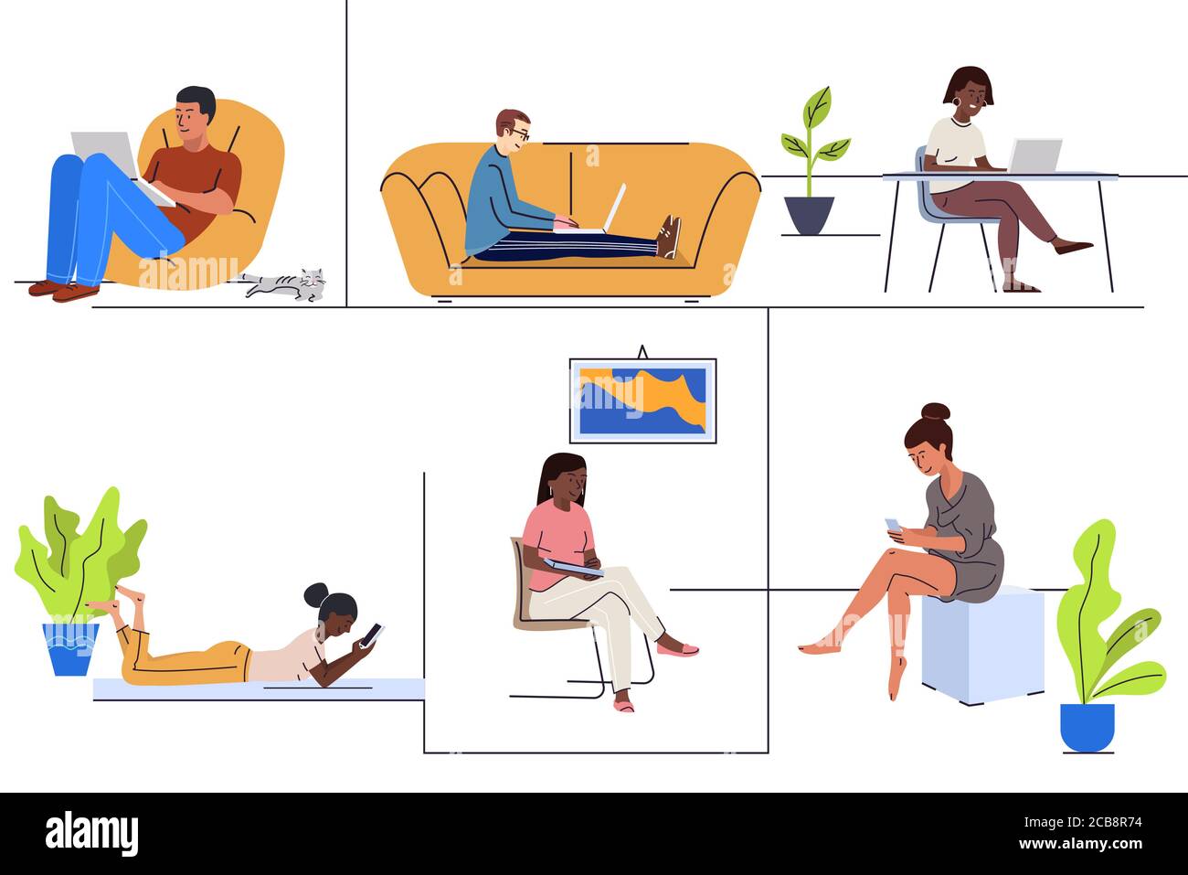 Young people using gadgets at home flat vector illustrations set ...