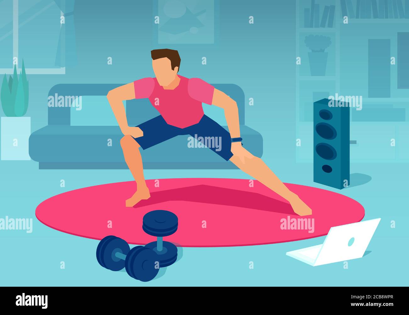 Online fitness and training concept. Vector of a fit man exercising ...