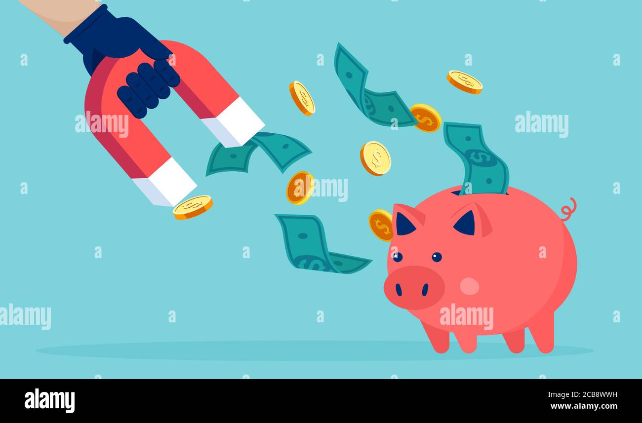 Vector of a thief man holding a magnet in hand stealing money coins ...