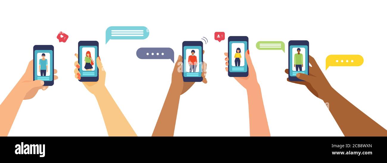 Vector of young people using smartphones and communicating via social ...